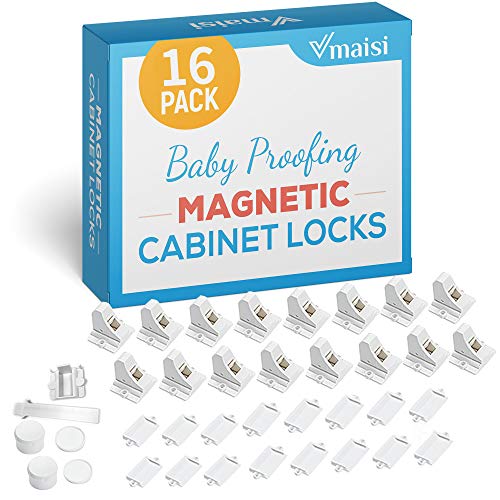 16 Pack Child Safety Magnetic Cabinet Locks - Vmaisi Children Proof Cupboard Baby Locks Latches - Adhesive for Cabinets & Drawers and Screws Fixed for Durable Protection