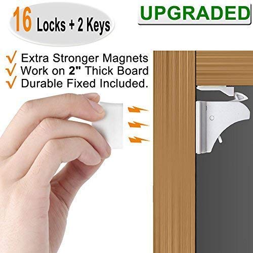 16 Pack Child Safety Magnetic Cabinet Locks - Vmaisi Children Proof Cupboard Baby Locks Latches - Adhesive for Cabinets & Drawers and Screws Fixed for Durable Protection