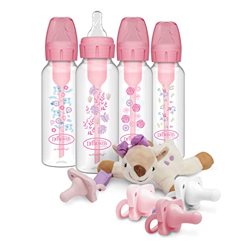 Dr. Brown’s Natural Flow® Anti-Colic Options+™ Narrow Baby Bottles 8 oz/250 mL, Pink Floral 4 Pack, with HappyPaci Pacifiers and Lovey Holder, Deer