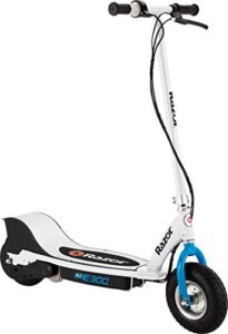 razor e300 electric scooter – 9″ air-filled tires, up to 15 mph and 10 miles range, white/blue