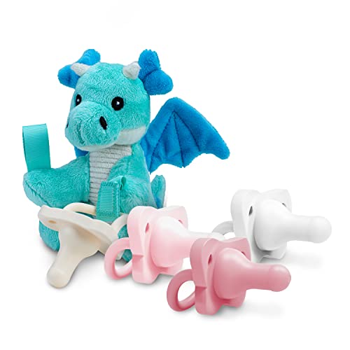 Dr. Brown's Baby Lovey Pacifier Holder & Teether Clip, Soft Plush Stuffed Animal Dragon Pacifier Tether with Four-Piece HappyPaci Pacifier, 100% Silicone, 0-6m