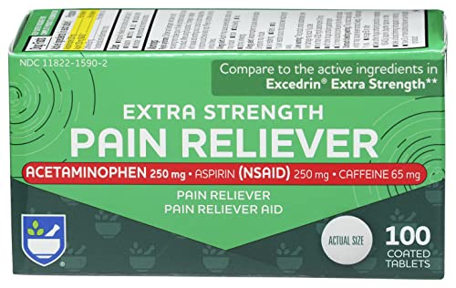 Rite Aid Extra Strength Pain Reliever, Acetaminophen 250mg, Aspirin 250mg, Caffeine 65mg – 100 Tablets | Pain Reliever / Fever Reducer | NSAID Anti-Inflammatory | Migraine Relief Products