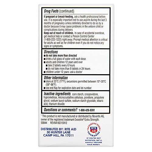 Rite Aid Extra Strength Pain Reliever, Acetaminophen 250mg, Aspirin 250mg, Caffeine 65mg – 100 Tablets | Pain Reliever / Fever Reducer | NSAID Anti-Inflammatory | Migraine Relief Products