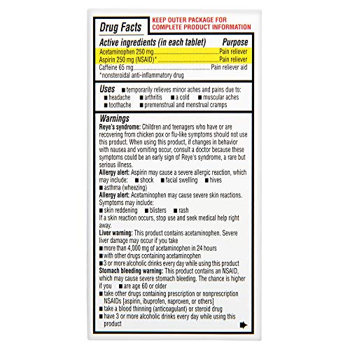 Rite Aid Extra Strength Pain Reliever, Acetaminophen 250mg, Aspirin 250mg, Caffeine 65mg – 100 Tablets | Pain Reliever / Fever Reducer | NSAID Anti-Inflammatory | Migraine Relief Products