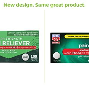 Rite Aid Extra Strength Pain Reliever, Acetaminophen 250mg, Aspirin 250mg, Caffeine 65mg – 100 Tablets | Pain Reliever / Fever Reducer | NSAID Anti-Inflammatory | Migraine Relief Products