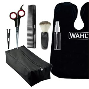 wahl home haircutting kit essentials featuring barbers haircutting cape, styling comb, scissors with blade guard, neck duster, spray bottle, & soft pouch case – model 03599