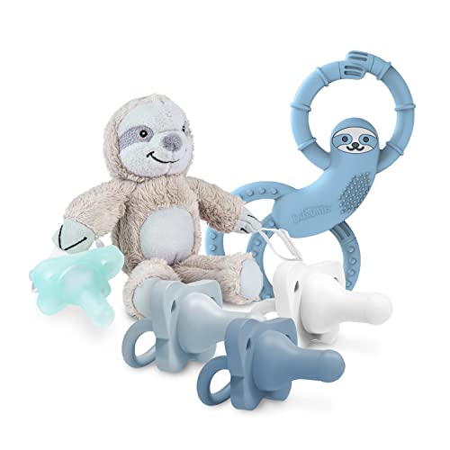 Dr. Brown's HappyPaci 100% Silicone Pacifier, Flexees Beaded Teether Rings, and Lovey Pacifier Holder & Teether Clip, Blue Sloth