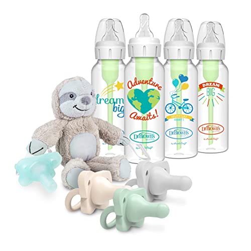 Dr. Brown’s Natural Flow® Anti-Colic Options+™ Narrow Baby Bottles 8 oz/250 mL, Dream Adventure 4 Pack, with HappyPaci Pacifiers and Lovey Holder, Sloth