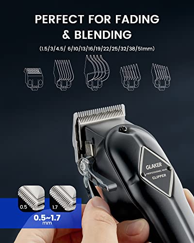 GLAKER Professional Hair Clippers for Men - Cordless Barber Clipper Hair Cutting Kit with 15 Guide Combs for Haircut, Trimming & Grooming