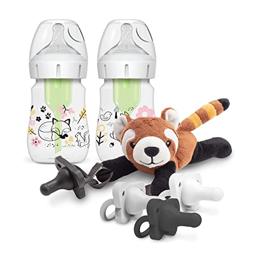 Dr. Brown’s Wide-Neck Baby Bottle Woodland Designer Bottles, 5 oz/150 mL, 2-Pack with HappyPaci Pacifiers and Lovey Holder, Red Panda