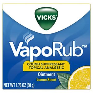 vicks vaporub, lemon scent, cough suppressant, topical chest rub & analgesic ointment, medicated vicks vapors, relief from cough due to cold, aches & pains, 1.76oz