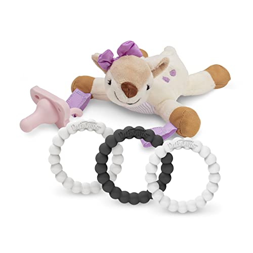 Dr. Brown's Baby Lovey Pacifier Holder & Teether Clip with Pink HappyPaci and Three Flexees Beaded Teether Rings, 100% Silicone