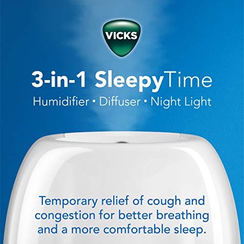 Vicks Filter-Free 3-in-1 SleepyTime Humidifier, Diffuser and Night-Light, Visible Ultrasonic Cool Mist Humidifier with Essential Oil Diffuser for Baby and Kids, White, Standard