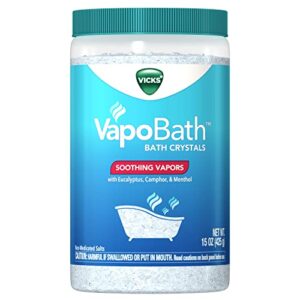 vicks vapobath, bath salts, bath bomb, non-medicated bath crystals, comforting vicks vapors, vapor bath, aromatherapy with eucalyptus and menthol scent, contains essential oils, 15 oz