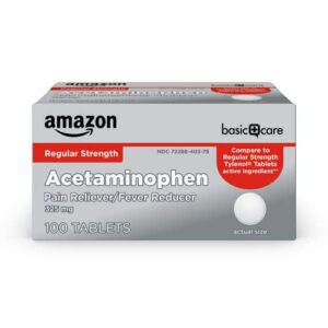 amazon basic care pain relief, acetaminophen tablets 325 mg, regular strength, pain reliever and fever reducer, 100 count