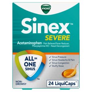 vicks sinex severe liquicaps, all-in-one sinus relief, non-drowsy, nasal decongestant, maximum strength relief of sinus headache, pain, pressure, & congestion, 24 liquicaps