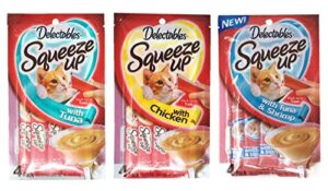 delectables squeeze up hartz cat treats variety pack bundle of 3 flavors (tuna, chicken, tuna & shrimp; 2.0 oz each)