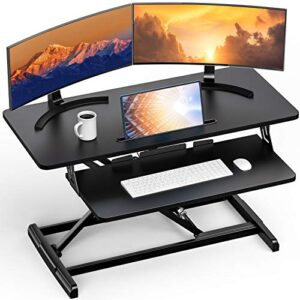 ergear standing up desk converter height adjustable sit stand desk with removable keyboard tray, 35 inch large desk riser ergonomic gas spring dual monitor workstation for home office