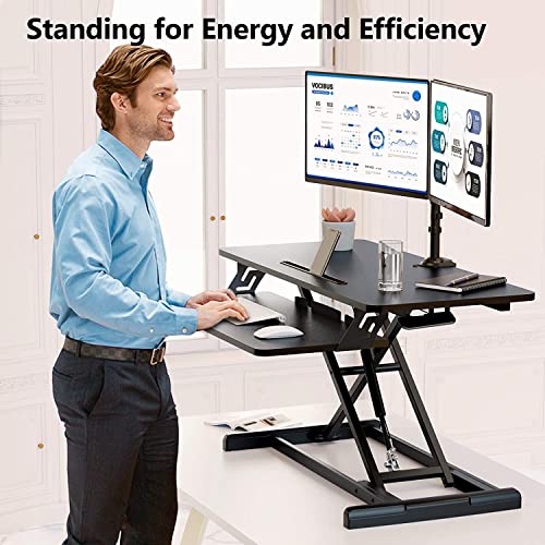 ErGear Standing Up Desk Converter Height Adjustable Sit Stand Desk with Removable Keyboard Tray, 35 Inch Large Desk Riser Ergonomic Gas Spring Dual Monitor Workstation for Home Office