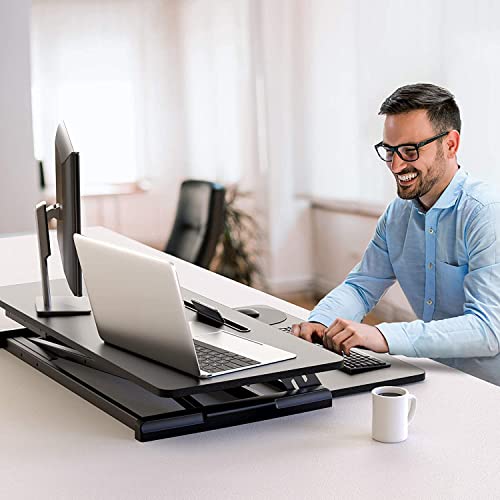 ErGear Standing Up Desk Converter Height Adjustable Sit Stand Desk with Removable Keyboard Tray, 35 Inch Large Desk Riser Ergonomic Gas Spring Dual Monitor Workstation for Home Office