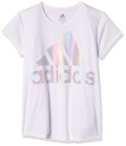 adidas girls’ big short sleeve scoop neck tee t-shirt, white bos foil rainbow, large