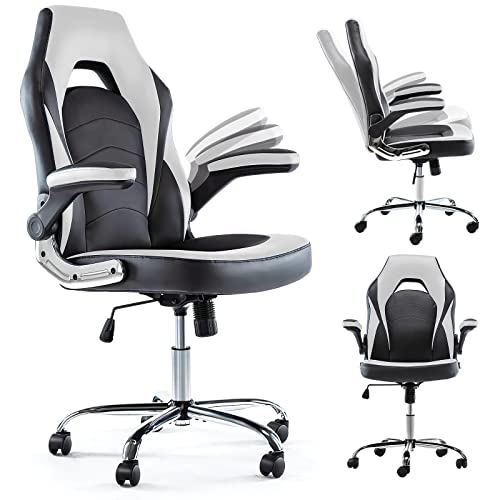 Gaming Chair - Office Chair Mid Back Computer Chair Desk Chair with Flip-up Armrest and Height Adjustable Splicing PU Leather Swivel Home Office Desk Chair with Lumbar Support for Adults