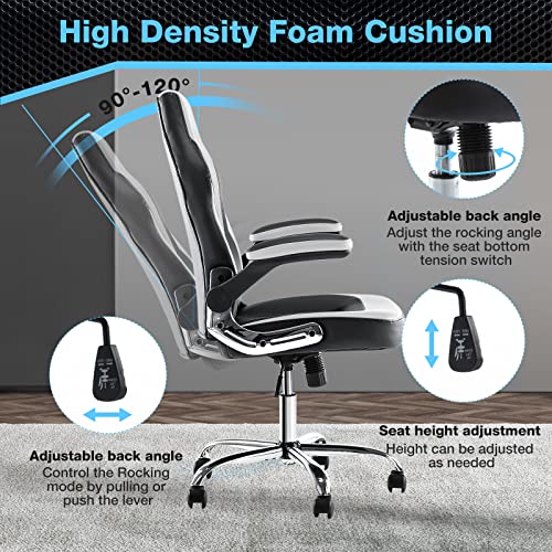 Gaming Chair - Office Chair Mid Back Computer Chair Desk Chair with Flip-up Armrest and Height Adjustable Splicing PU Leather Swivel Home Office Desk Chair with Lumbar Support for Adults