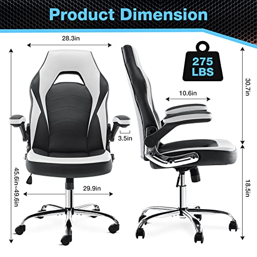 Gaming Chair - Office Chair Mid Back Computer Chair Desk Chair with Flip-up Armrest and Height Adjustable Splicing PU Leather Swivel Home Office Desk Chair with Lumbar Support for Adults