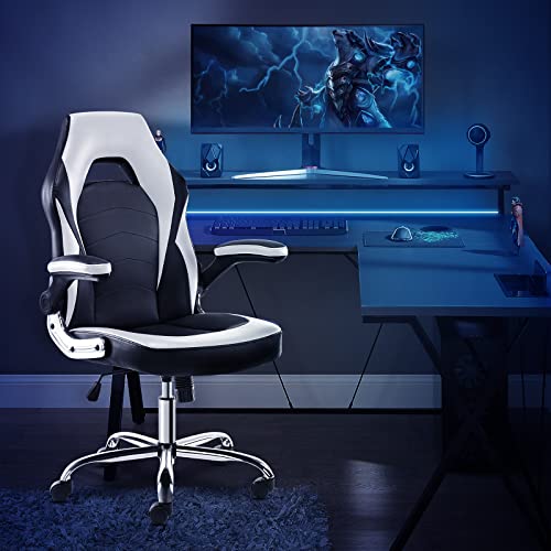 Gaming Chair - Office Chair Mid Back Computer Chair Desk Chair with Flip-up Armrest and Height Adjustable Splicing PU Leather Swivel Home Office Desk Chair with Lumbar Support for Adults