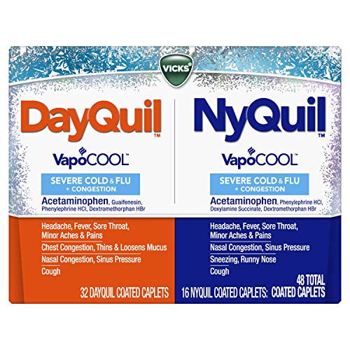 Vicks DayQuil and NyQuil VapoCOOL SEVERE Combo Cold & Flu + Congestion Medicine, Max Strength Relief For Fever, Sore Throat, Nasal Congestion, Sinus Pressure, Cough, 48 Count - 32 DayQuil, 16 NyQuil