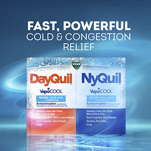 Vicks DayQuil and NyQuil VapoCOOL SEVERE Combo Cold & Flu + Congestion Medicine, Max Strength Relief For Fever, Sore Throat, Nasal Congestion, Sinus Pressure, Cough, 48 Count - 32 DayQuil, 16 NyQuil