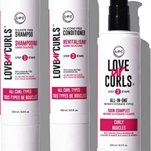 LUS Brands Love Ur Curls for Curly Hair, 3-Step System - Shampoo and Conditioner Set with All-in-One Styler - LUS Curls Hair Products - No Crunch, Nonsticky, Clean - 8.5oz each