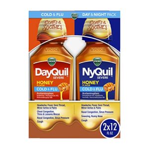 vicks dayquil & nyquil severe honey combo pack, cold & flu medicine, max strength relief for fever, sore throat, sinus pressure, stuffy nose, honey flavor, 2 x 12 oz bottles, 1 nyquil, 1 dayquil