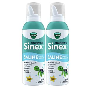 vicks sinex, children’s saline nasal spray, drug free ultra fine mist with hint of aloe, ages 1+, fast everyday stuffy nose relief for kids, clear mucus from a cold or allergy, 5 oz x 2