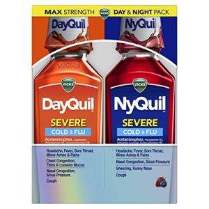 vicks dayquil and nyquil severe cold & flu berry liquid medicine, max strength relief for headache, fever, sore throat, nasal congestion, cough, combo pack, 2 x 12 oz bottles, 1 nyquil, 1 dayquil