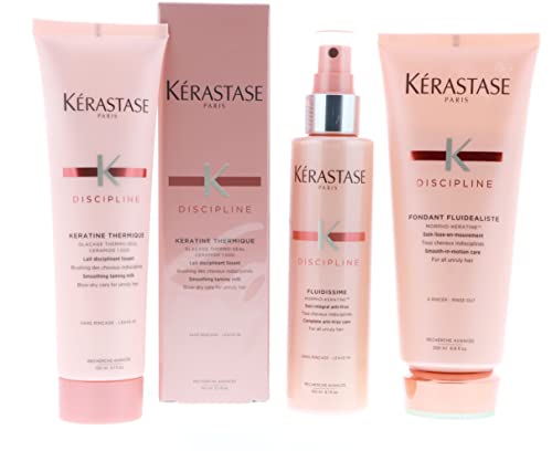 Kerastase Discipline Frizzy Hair Kit, Keratin Thermique 5.1 Oz, Discipline Fluidissime 5.1 Oz & Kerastase Fondant Fluidealiste 6.8 Oz