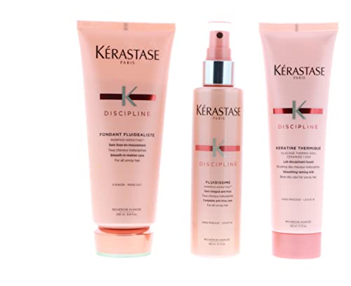 Kerastase Discipline Frizzy Hair Kit, Keratin Thermique 5.1 Oz, Discipline Fluidissime 5.1 Oz & Kerastase Fondant Fluidealiste 6.8 Oz