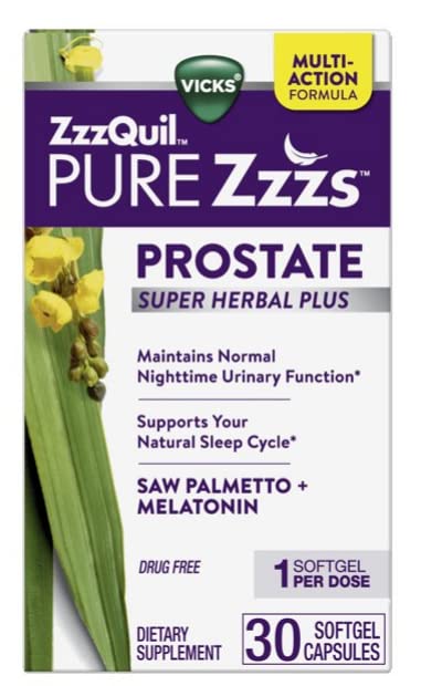 Vicks Zzzquil Pure Zzzs Prostate Super Herbal Blend Nighttime Melatonin Sleep Aid, 30 Softgels