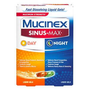 mucinex sinus-max max strength day & night liquid gels (24ct) relieves sinus pressure and congestion, headaches, pain, runny nose, sneezing, thins and loosens mucus, controls cough