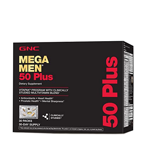 GNC Mega Men 50 Plus Vitapak, 30 Packs, Support Heart and Prostate Health and Promotes Mental Sharpness