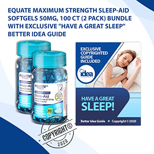 Equate Maximum Strength Sleep-Aid Softgels 50mg, 100 Ct (2 Pack) Bundle with Exclusive "Have a Great Sleep" - Better Idea Guide (3 Items)