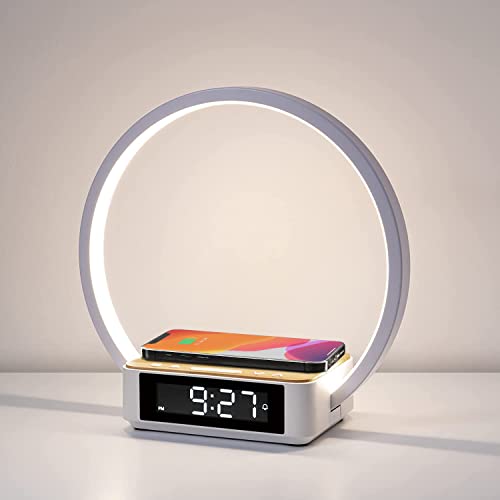 WILIT Bedside Lamp, Touch Table Lamp with Wireless Charger, Nightstand Lamp with Clock, Wake-Up Light 3 Levels Brightness LED Night Light for Bedroom, Living Room, Nightstand