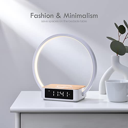 WILIT Bedside Lamp, Touch Table Lamp with Wireless Charger, Nightstand Lamp with Clock, Wake-Up Light 3 Levels Brightness LED Night Light for Bedroom, Living Room, Nightstand