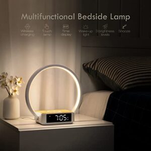 WILIT Bedside Lamp, Touch Table Lamp with Wireless Charger, Nightstand Lamp with Clock, Wake-Up Light 3 Levels Brightness LED Night Light for Bedroom, Living Room, Nightstand