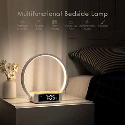 WILIT Bedside Lamp, Touch Table Lamp with Wireless Charger, Nightstand Lamp with Clock, Wake-Up Light 3 Levels Brightness LED Night Light for Bedroom, Living Room, Nightstand