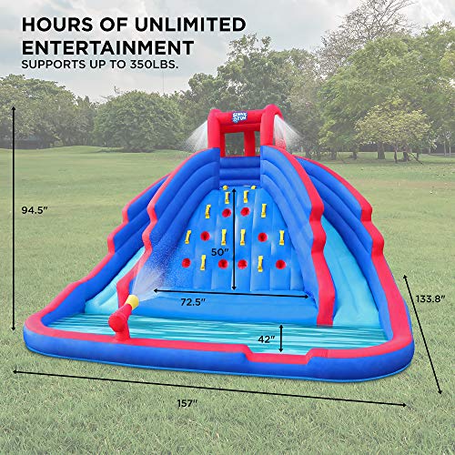 SUNNY & FUN Ultra Climber Inflatable Water Slide Park – Heavy-Duty for Outdoor Fun - Climbing Wall, Two Slides & Splash Pool – Easy to Set Up & Inflate with Included Air Pump & Carrying Case