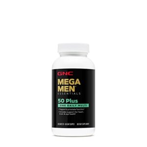 gnc mega men 50 plus one daily multivitamin for men, 60 count, take one a day, supports prostate, heart, brain, and eye health