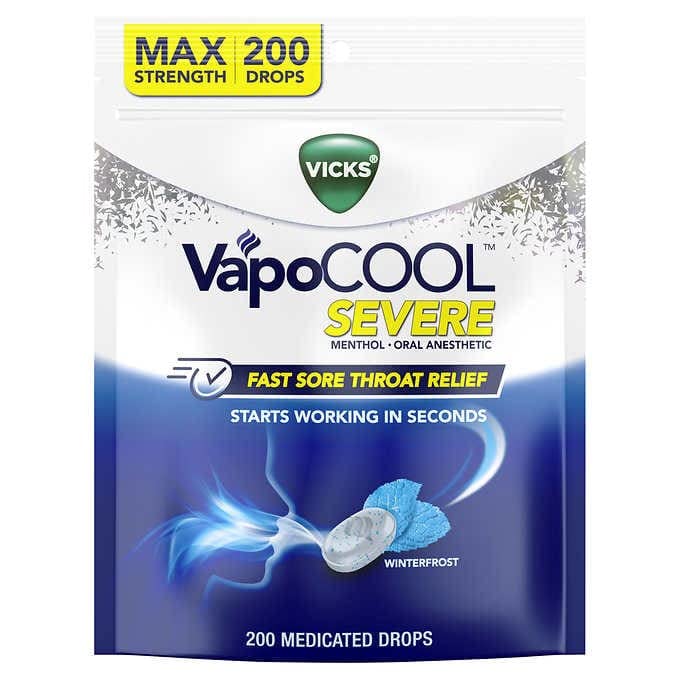 Vicks VapoCOOL Severe, WinterFrost Throat Drops, 200 Drops