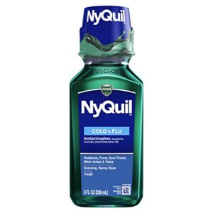 vicks nyquil cold and flu relief liquid medicine, powerful multi-symptom nighttime relief for headache, fever, sore throat, minor aches and pains, sneezing, runny nose, and cough, 8 fl oz