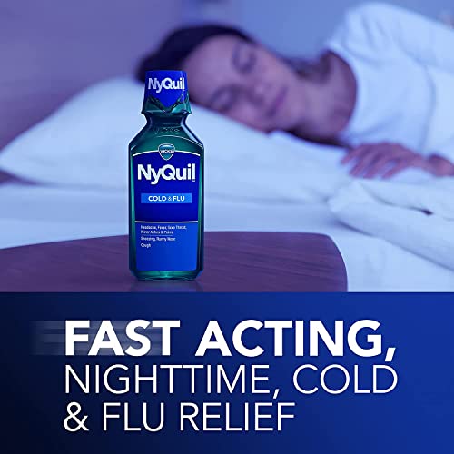 Vicks NyQuil Cold and Flu Relief Liquid Medicine, Powerful Multi-Symptom Nighttime Relief For Headache, Fever, Sore Throat, Minor Aches And Pains, Sneezing, Runny Nose, and Cough, 8 FL OZ